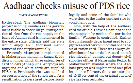 Aadhaar checks misuse of PDS rice - Times of India